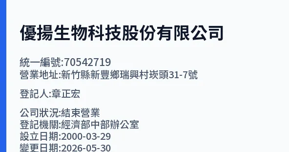 優揚生物科技股份有限公司的照片-統編 70542719(新竹縣) 公司登記資料與營業項目詳細圖表