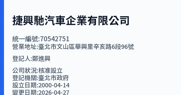 捷興馳汽車企業有限公司的照片-統編 70542751(臺北市) 公司登記資料與營業項目詳細圖表