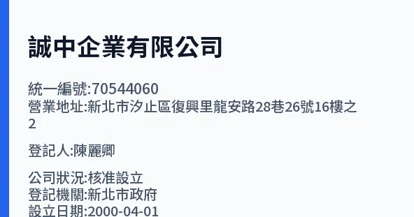 誠中企業有限公司的照片-統編 70544060(新北市) 公司登記資料與營業項目詳細圖表