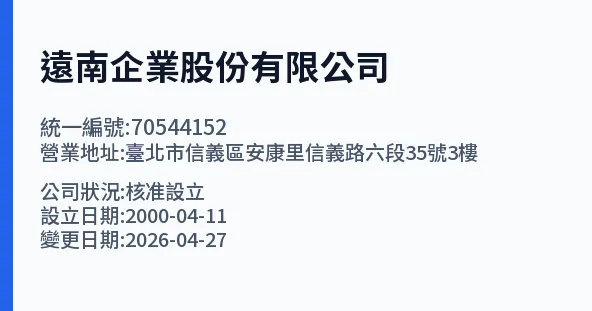 遠南企業股份有限公司的照片-統編 70544152(臺北市) 公司登記資料與營業項目詳細圖表