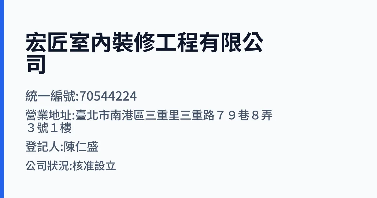 宏匠室內裝修工程有限公司 - 統編 70544224(臺北市) 公司登記資料與營業項目詳細圖表