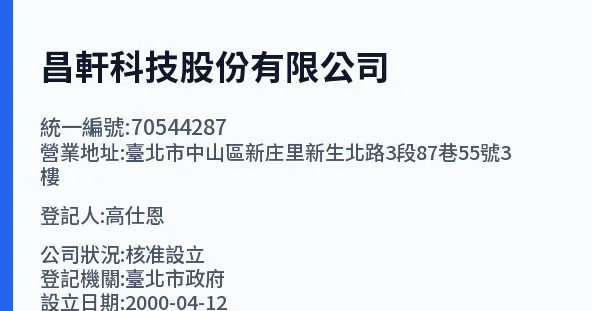 昌軒科技股份有限公司的照片-統編 70544287(臺北市) 公司登記資料與營業項目詳細圖表