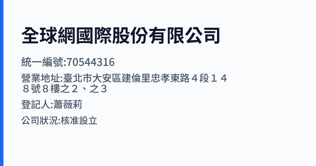 全球網國際股份有限公司 - 統編 70544316(臺北市) 公司登記資料與營業項目詳細圖表