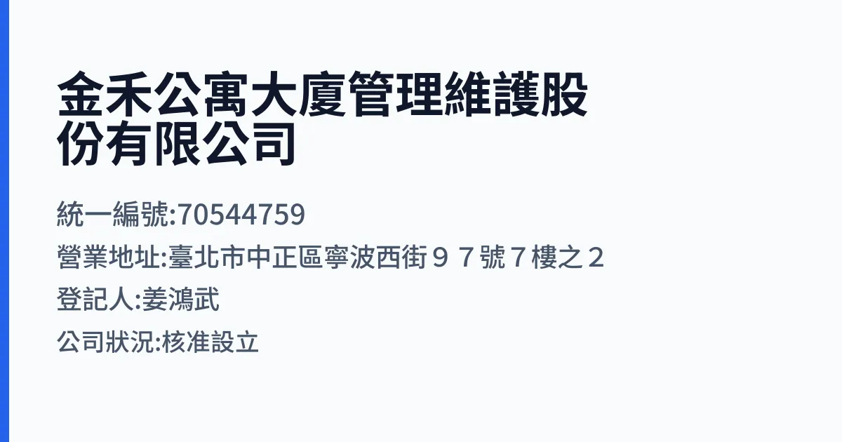 金禾公寓大廈管理維護股份有限公司 - 統編 70544759(臺北市) 公司登記資料與營業項目詳細圖表
