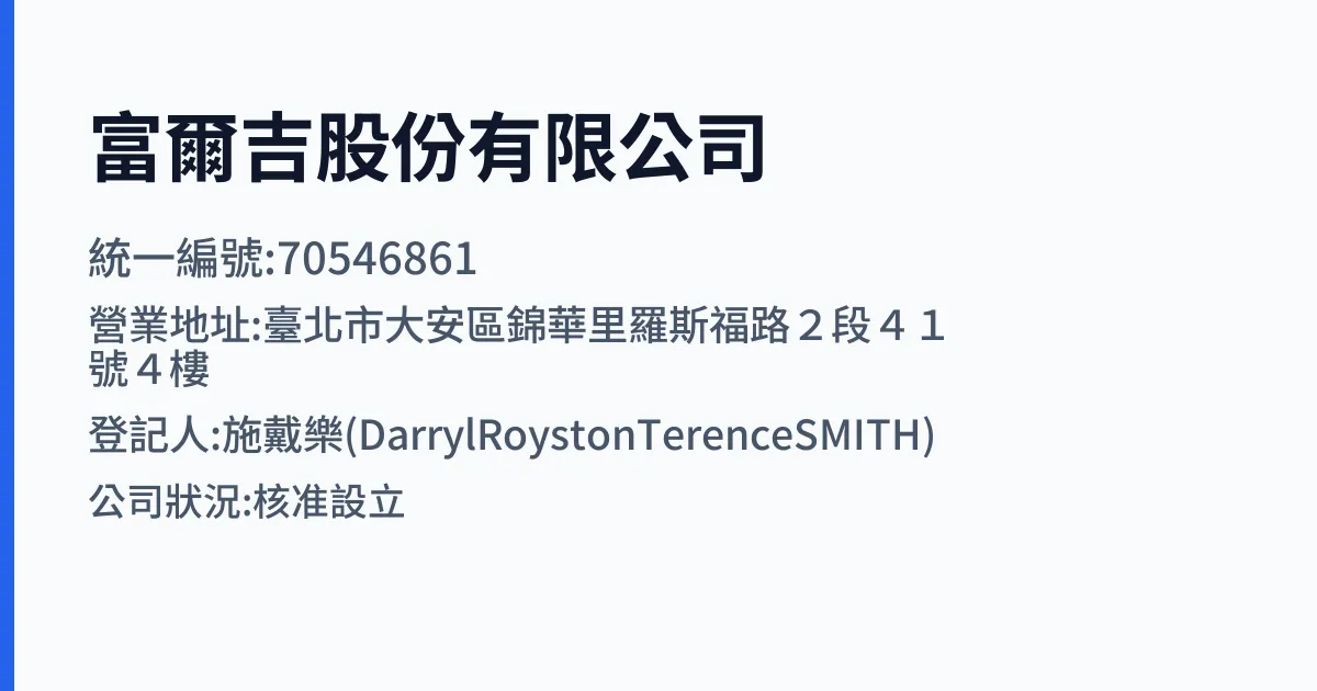 富爾吉股份有限公司 - 統編 70546861(臺北市) 公司登記資料與營業項目詳細圖表