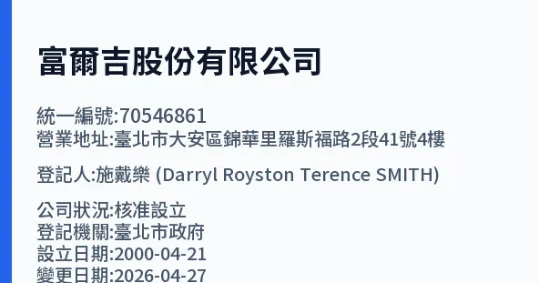 富爾吉股份有限公司的照片-統編 70546861(臺北市) 公司登記資料與營業項目詳細圖表