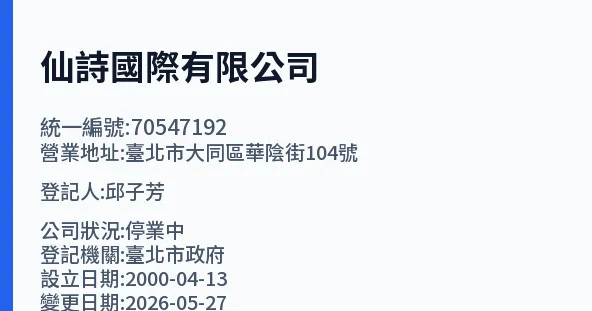 仙詩國際有限公司的照片-統編 70547192(臺北市) 公司登記資料與營業項目詳細圖表