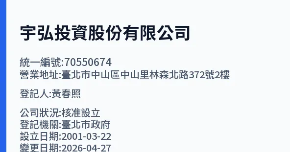宇弘投資股份有限公司的照片-統編 70550674(臺北市) 公司登記資料與營業項目詳細圖表