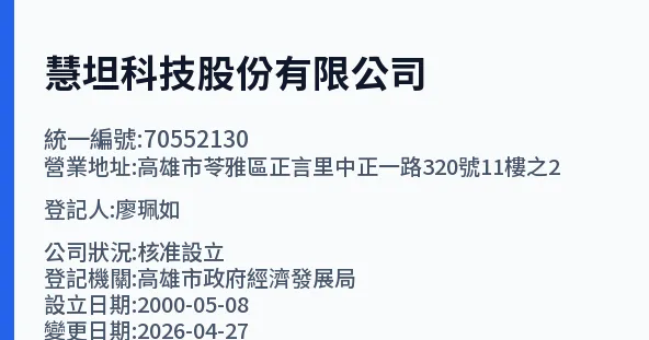 慧坦科技股份有限公司的照片-統編 70552130(高雄市) 公司登記資料與營業項目詳細圖表