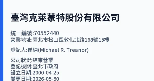 臺灣克萊蒙特股份有限公司的照片-統編 70552440(臺北市) 公司登記資料與營業項目詳細圖表