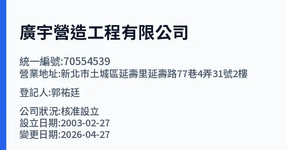廣宇營造工程有限公司的照片-統編 70554539(新北市) 公司登記資料與營業項目詳細圖表