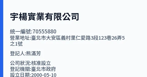 宇楊實業有限公司的照片-統編 70555880(臺北市) 公司登記資料與營業項目詳細圖表