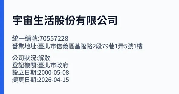 宇宙生活股份有限公司的照片-統編 70557228(臺北市) 公司登記資料與營業項目詳細圖表