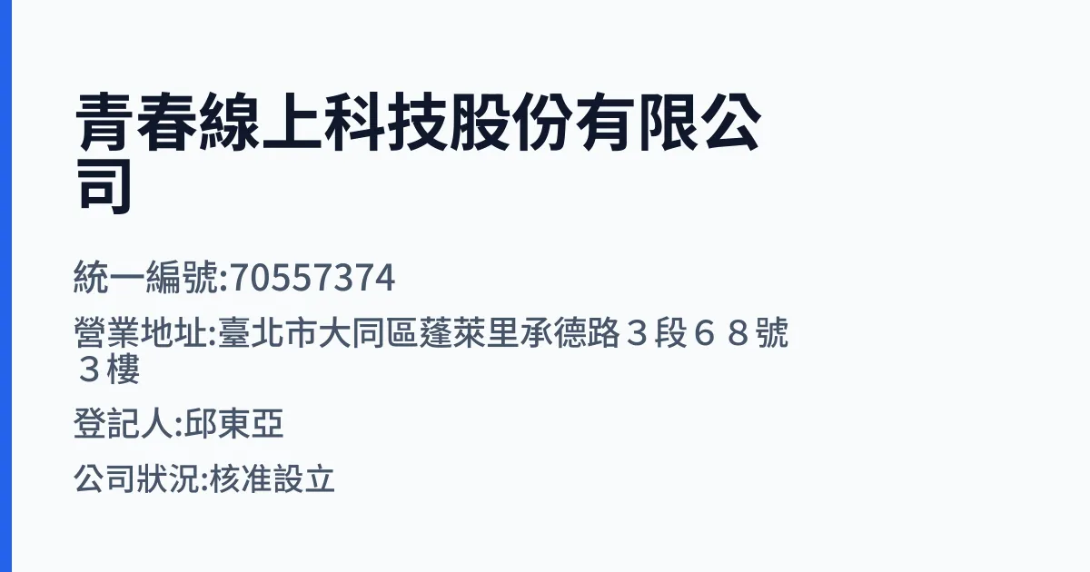青春線上科技股份有限公司 - 統編 70557374(臺北市) 公司登記資料與營業項目詳細圖表