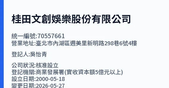 桂田文創娛樂股份有限公司的照片-統編 70557661(臺北市) 公司登記資料與營業項目詳細圖表