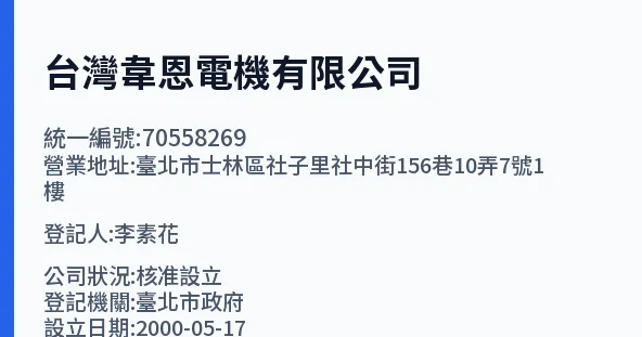台灣韋恩電機有限公司的照片-統編 70558269(臺北市) 公司登記資料與營業項目詳細圖表
