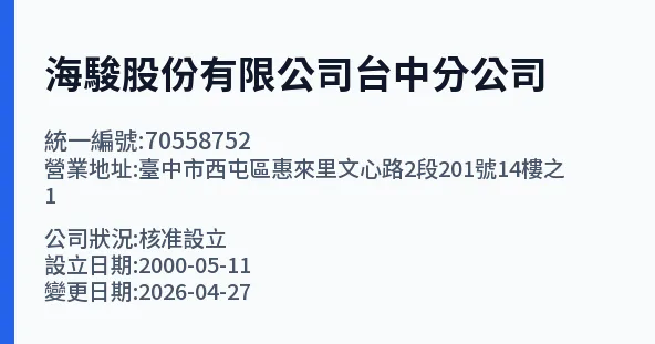 海駿股份有限公司台中分公司的照片-統編 70558752(臺中市) 公司登記資料與營業項目詳細圖表