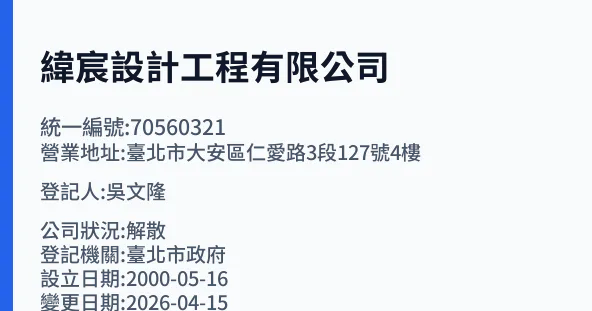 緯宸設計工程有限公司的照片-統編 70560321(臺北市) 公司登記資料與營業項目詳細圖表