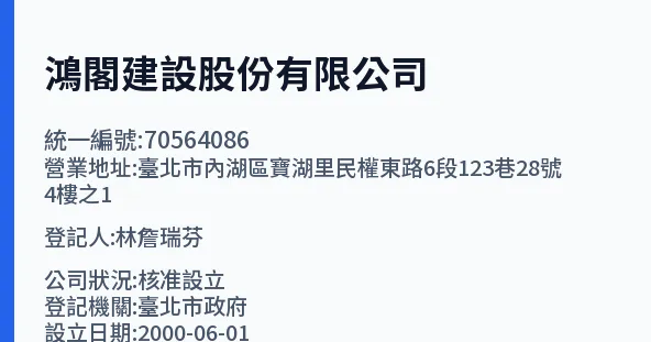 鴻閣建設股份有限公司的照片-統編 70564086(臺北市) 公司登記資料與營業項目詳細圖表