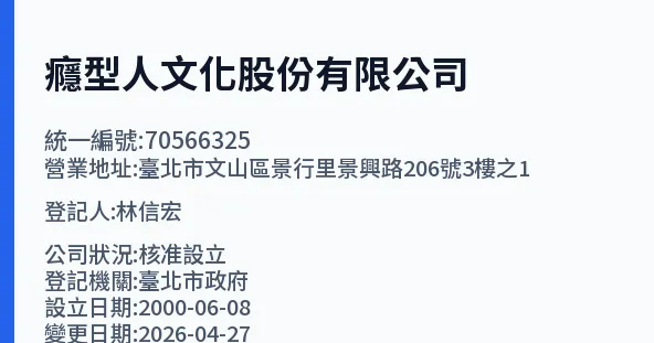 癮型人文化股份有限公司的照片-統編 70566325(臺北市) 公司登記資料與營業項目詳細圖表