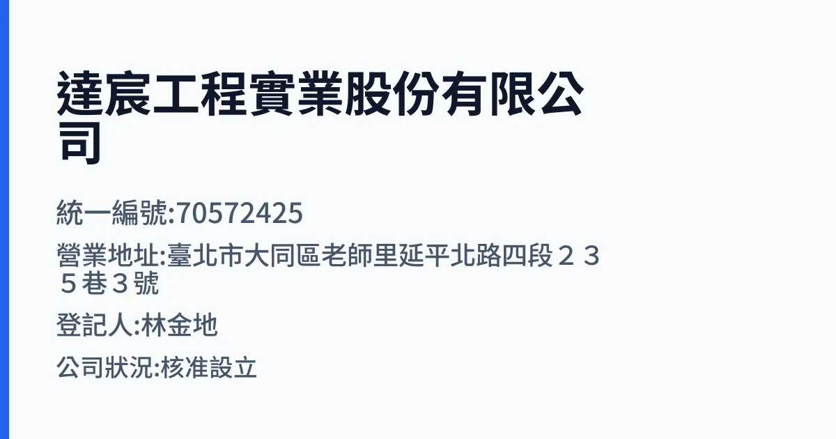 達宸工程實業股份有限公司 - 統編 70572425(臺北市) 公司登記資料與營業項目詳細圖表