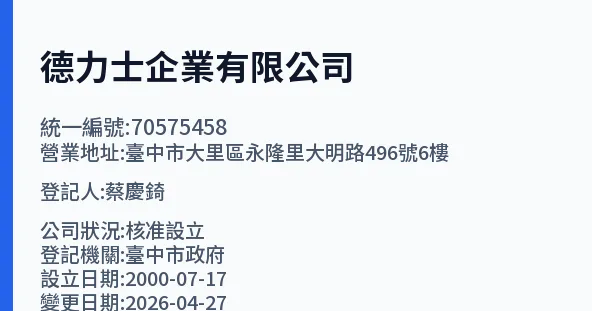 德力士企業有限公司的照片-統編 70575458(臺中市) 公司登記資料與營業項目詳細圖表