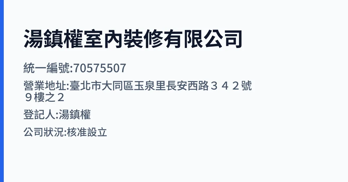 湯鎮權室內裝修有限公司 - 統編 70575507(臺北市) 公司登記資料與營業項目詳細圖表