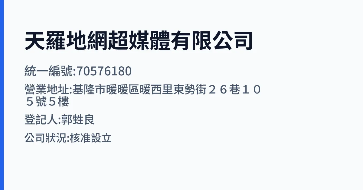 天羅地網超媒體有限公司 - 統編 70576180(基隆市) 公司登記資料與營業項目詳細圖表