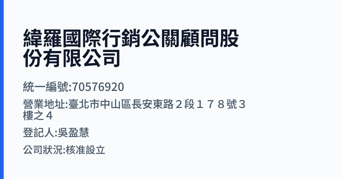 緯羅國際行銷公關顧問股份有限公司 - 統編 70576920(臺北市) 公司登記資料與營業項目詳細圖表