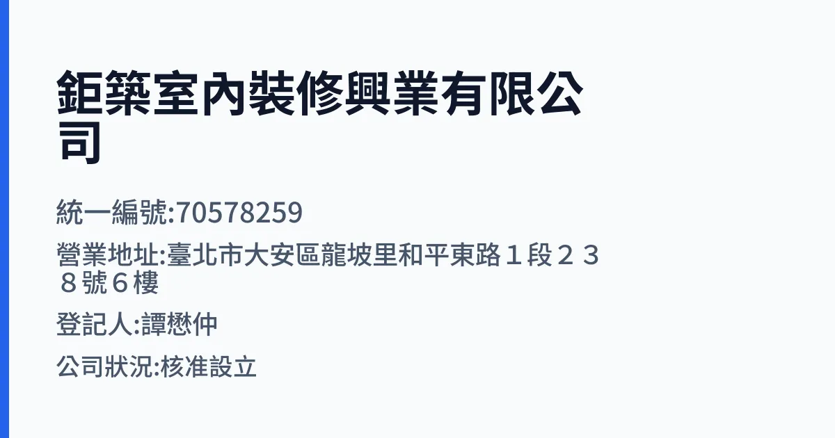 鉅築室內裝修興業有限公司 - 統編 70578259(臺北市) 公司登記資料與營業項目詳細圖表
