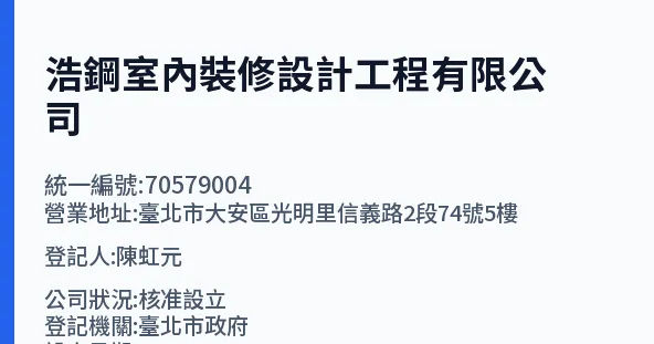 浩鋼室內裝修設計工程有限公司的照片-統編 70579004(臺北市) 公司登記資料與營業項目詳細圖表