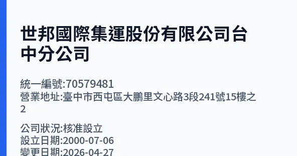 世邦國際集運股份有限公司台中分公司的照片-統編 70579481(臺中市) 公司登記資料與營業項目詳細圖表