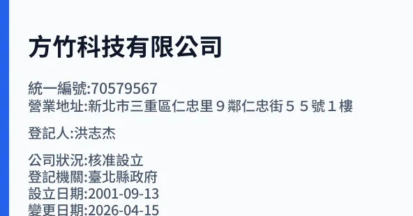 方竹科技有限公司的照片-統編 70579567(新北市) 公司登記資料與營業項目詳細圖表