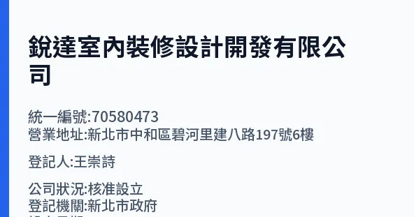 銳達室內裝修設計開發有限公司的照片-統編 70580473(新北市) 公司登記資料與營業項目詳細圖表