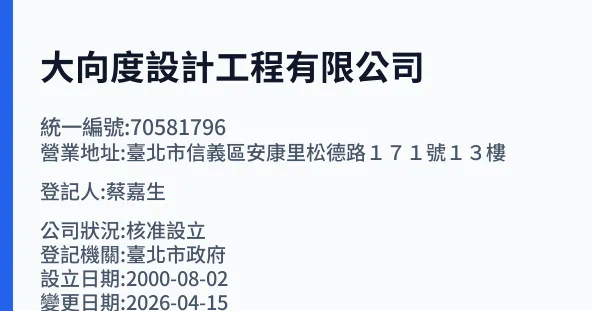 大向度設計工程有限公司的照片-統編 70581796(臺北市) 公司登記資料與營業項目詳細圖表