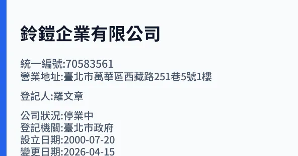鈴鎧企業有限公司的照片-統編 70583561(臺北市) 公司登記資料與營業項目詳細圖表