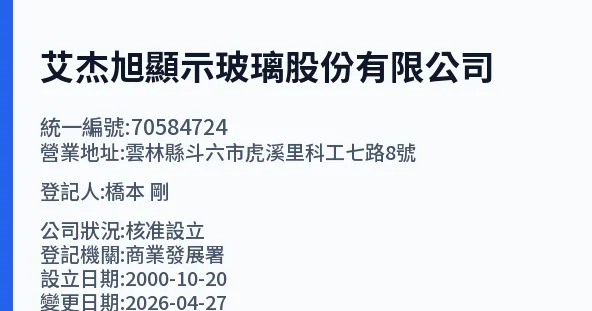 艾杰旭顯示玻璃股份有限公司的照片-統編 70584724(雲林縣) 公司登記資料與營業項目詳細圖表