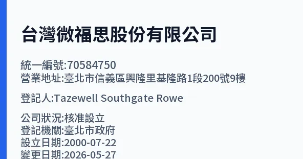 台灣微福思股份有限公司的照片-統編 70584750(臺北市) 公司登記資料與營業項目詳細圖表