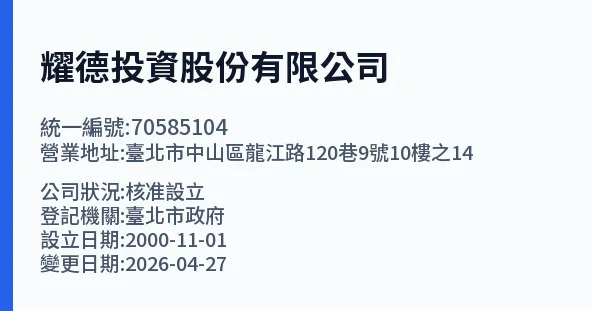 耀德投資股份有限公司的照片-統編 70585104(臺北市) 公司登記資料與營業項目詳細圖表