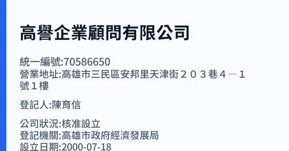 高譽企業顧問有限公司的照片-統編 70586650(高雄市) 公司登記資料與營業項目詳細圖表