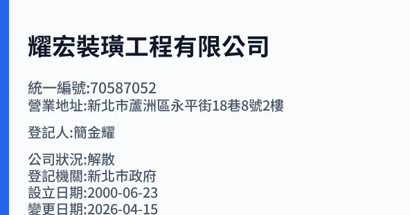 耀宏裝璜工程有限公司的照片-統編 70587052(新北市) 公司登記資料與營業項目詳細圖表