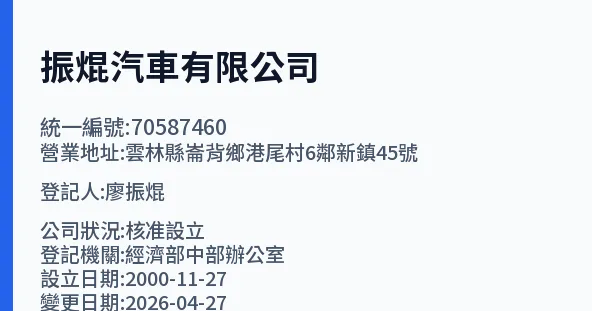振焜汽車有限公司的照片-統編 70587460(雲林縣) 公司登記資料與營業項目詳細圖表