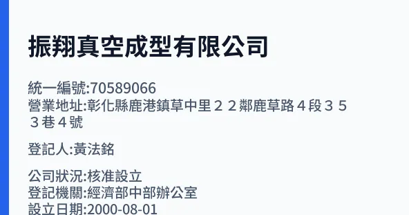 振翔真空成型有限公司的照片-統編 70589066(彰化縣) 公司登記資料與營業項目詳細圖表