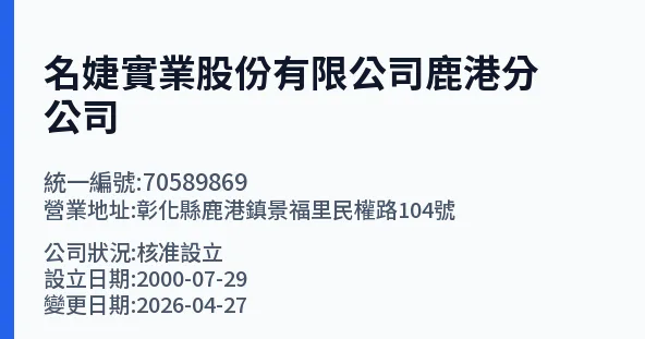 名婕實業股份有限公司鹿港分公司的照片-統編 70589869(彰化縣) 公司登記資料與營業項目詳細圖表