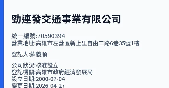 勁連發交通事業有限公司的照片-統編 70590394(高雄市) 公司登記資料與營業項目詳細圖表