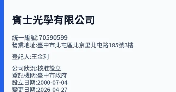 賓士光學有限公司的照片-統編 70590599(臺中市) 公司登記資料與營業項目詳細圖表