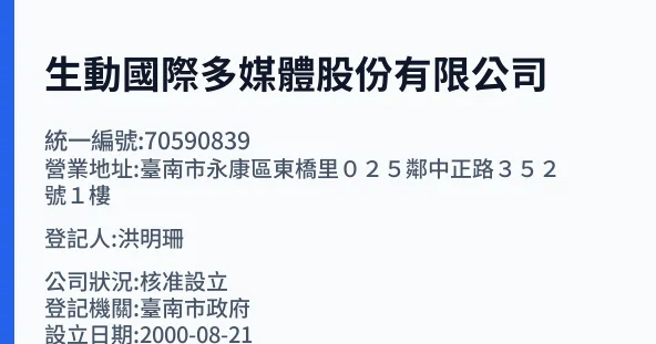 生動國際多媒體股份有限公司的照片-統編 70590839(臺南市) 公司登記資料與營業項目詳細圖表
