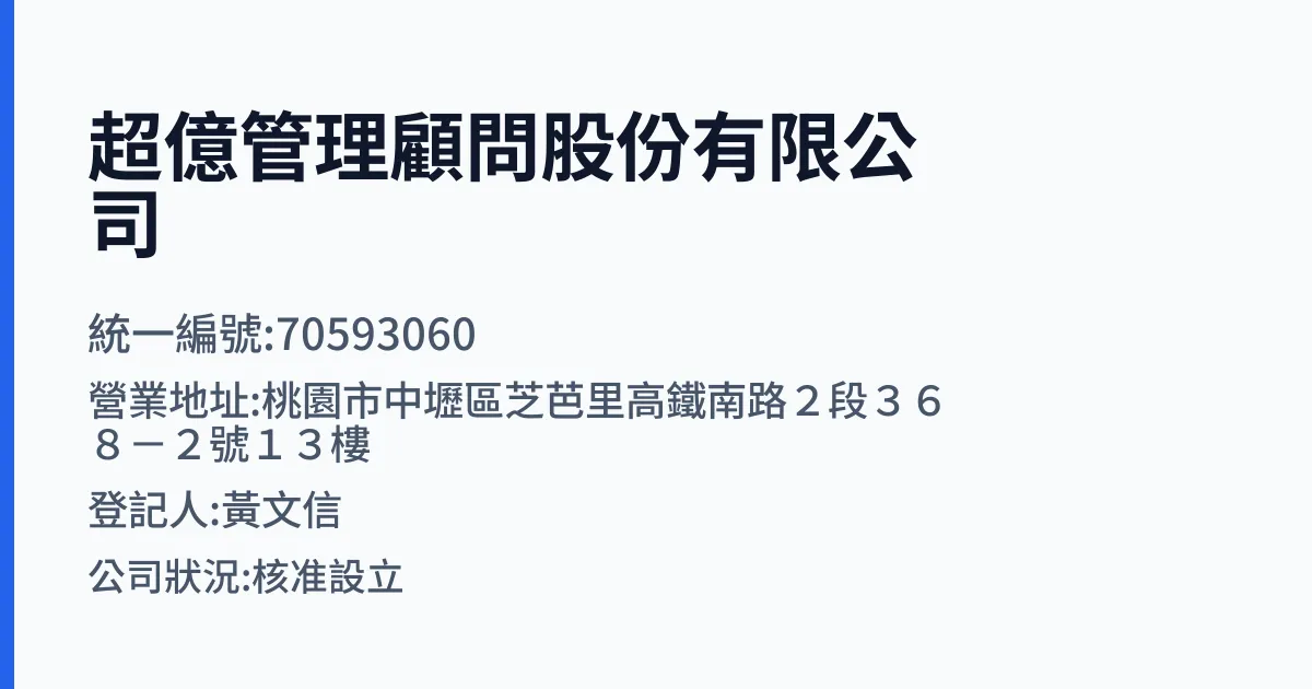 超億管理顧問股份有限公司 - 統編 70593060(桃園市) 公司登記資料與營業項目詳細圖表