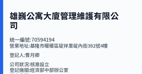 雄巍公寓大廈管理維護有限公司的照片-統編 70594194(基隆市) 公司登記資料與營業項目詳細圖表
