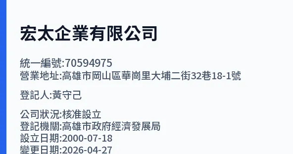 宏太企業有限公司的照片-統編 70594975(高雄市) 公司登記資料與營業項目詳細圖表